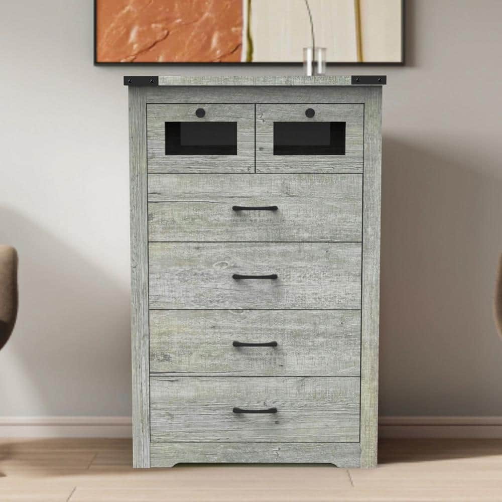 Magic Home 24.4 in. Rustic Wooden Gray Storage Cabinet LED Light Chest ...