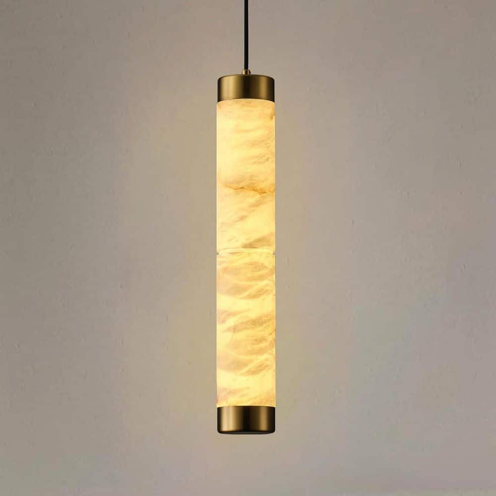 YUYI 19 in. 1-Light Gold Light, Cylinder Natural Alabaster Pendant ...