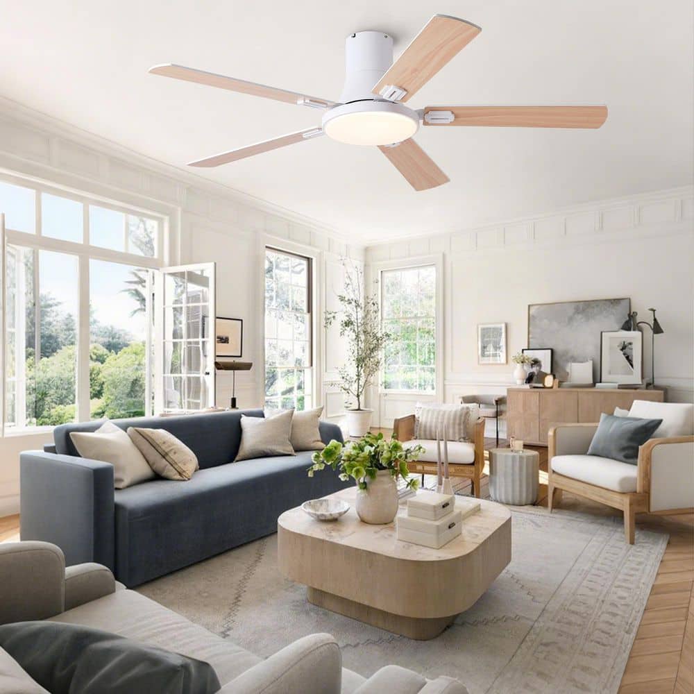 LINJO 52 in. White 5 Plywood Blades Flush Mount Standard Ceiling Fan ...