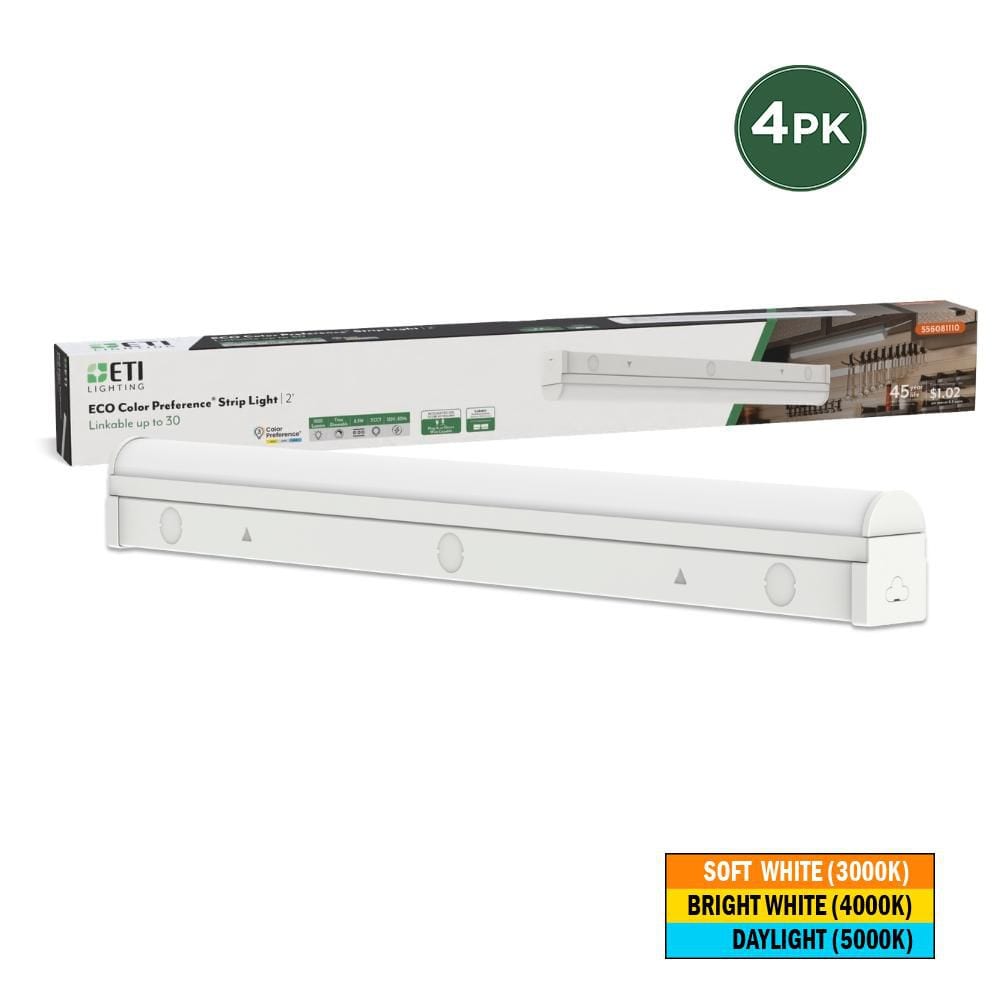 ETI LIGHTING 4-Pack 2 ft. 8.5-Watt Linkable Integrated LED White Strip Light Fixture 3000K 4000K ...