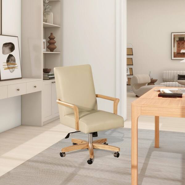 Jennifer Taylor Dumont Cream Beige Leather and Natural Wood Modern ...