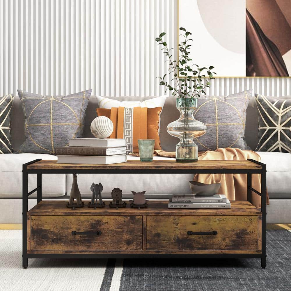 HONEY JOY 41.5 in. Brown Rectangle Wood Coffee Table w/Storage Drawers ...