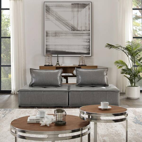 Art Leon CUBE 82.68 in. Gray Faux Leather Reversible Accent 2 Seats Loveseat with Pillows MS006 2 2P The Home Depot