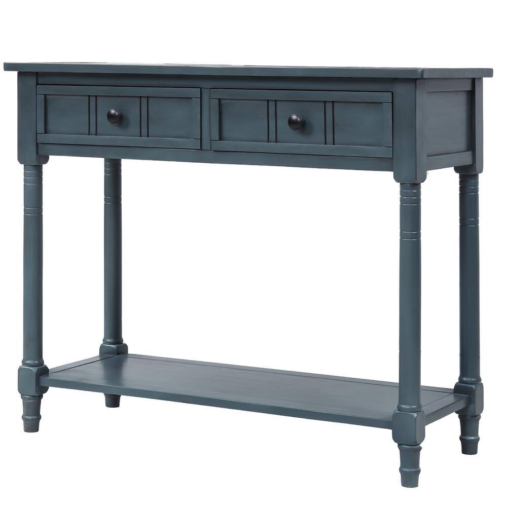 Polibi 35.43 in. Navy Rectangle Wood Console Table with Two Drawers and ...