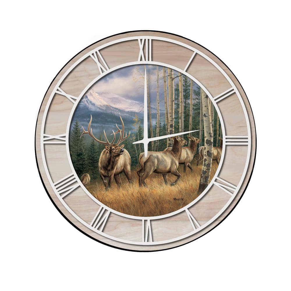 "Back Country Elk" Woodgrain Accent and White Numbers Imaged Wall Clock ...
