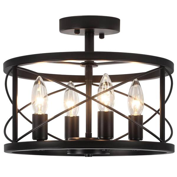 ZSMIHDOH 13 in. 4-Light Black Drum Semi Flush Mount Ceiling Light with ...