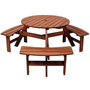 35.5 in. Brown Round Wood Outdoor Picnic Table Set Camping Dining Table ...