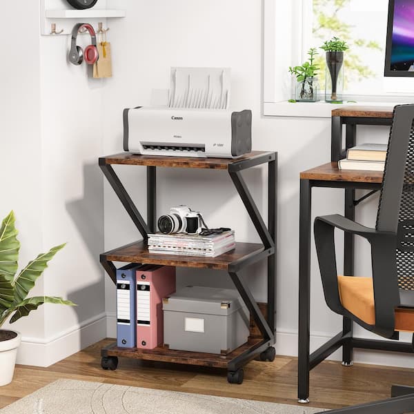 BYBLIGHT Bernise Rustic Brown 29.53 in. W 3 Shelf Printer Stand with Storage Rolling Printer Table for Home Office BB JW0184QP