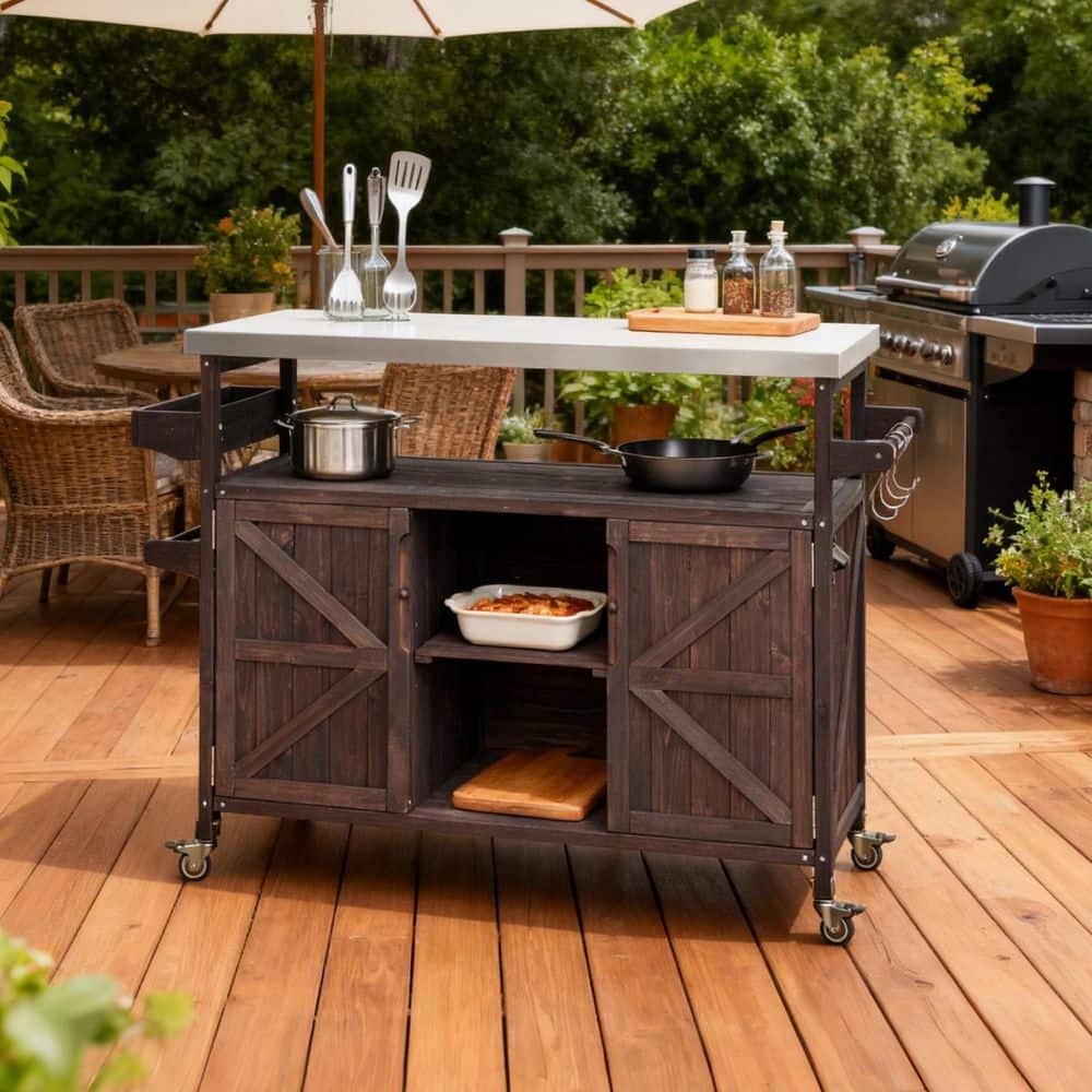 Dark Brown Wood Outdoor Bar Cart with Storage Cabinet, Locking Wheels, Kitchen Island with ...