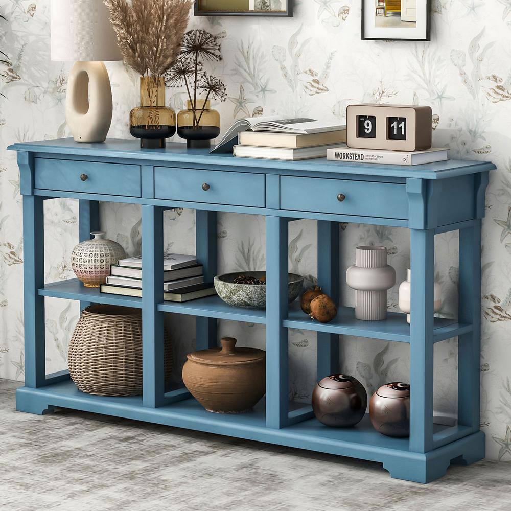 Harper & Bright Designs 58 in. Navy Rectangle Wooden Console Table with ...