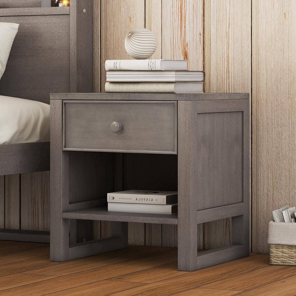 Harper & Bright Designs 1-Drawer Anitque Gray Wooden Nightstand with ...