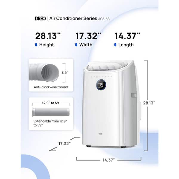 DREO 12000 BTU ASHRAE (8000 BTU SACC) Smart Portable AC Unit w/Drainage ...