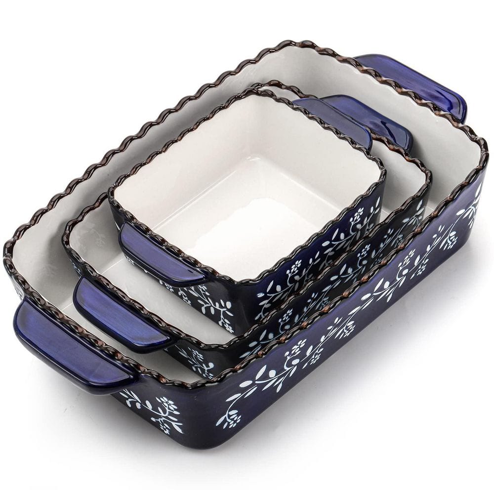 Wudkey 3-Piece Blue Ceramic Painted Rectangular Bakeware Pan Set for ...