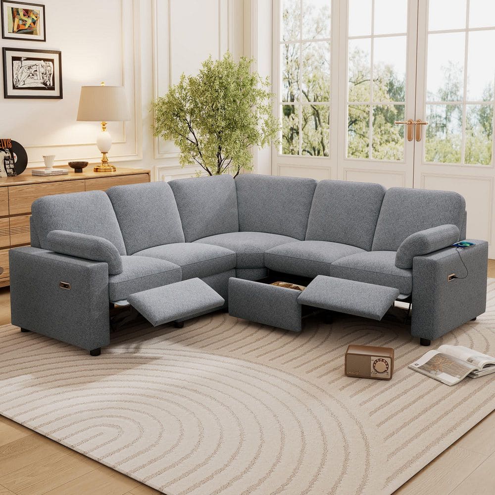Harper & Bright Designs Home Theater 89 in. Linen Reclining Sectional ...