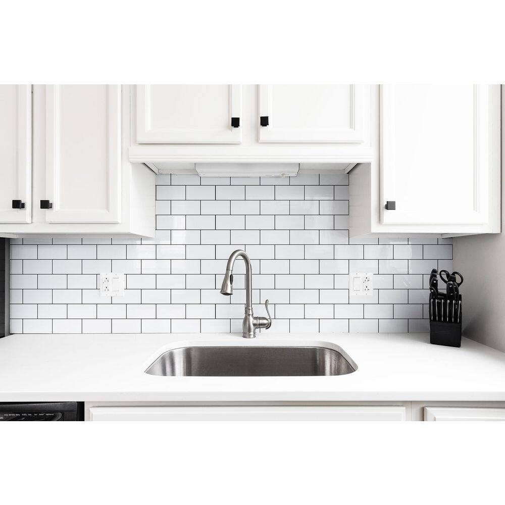 White 3 in. x 6 in. PVC Peel and Stick Backsplash Tile with Dark Gray ...