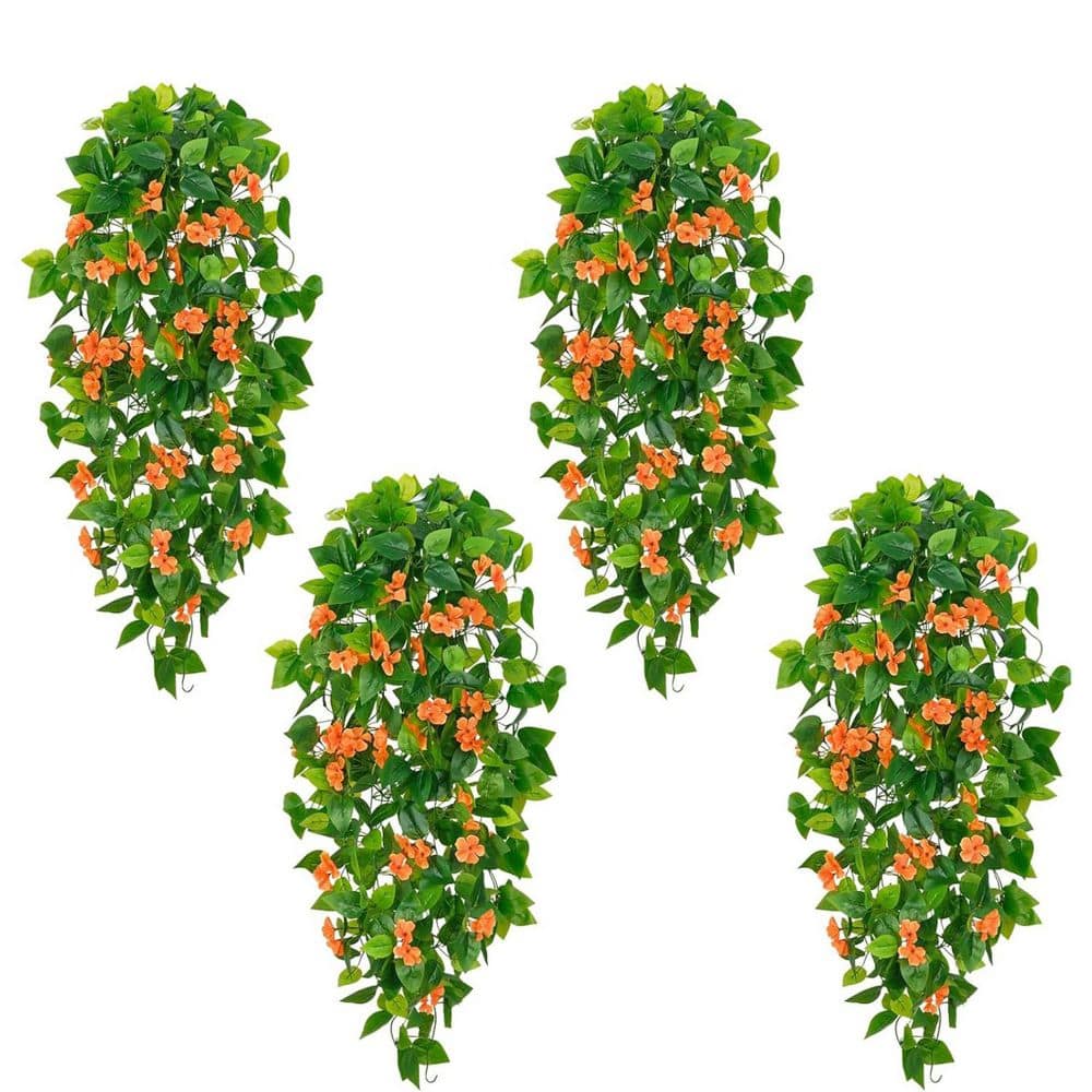 Fake Hanging Plants Pothos Vines with Orange Flowers, 4-Pack L0D875WWTN ...