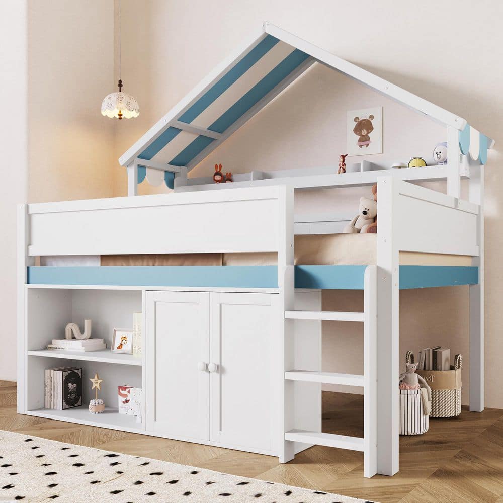 Noble House Dark White+Blue Full Size Loft Bed with Canopy Roof ...