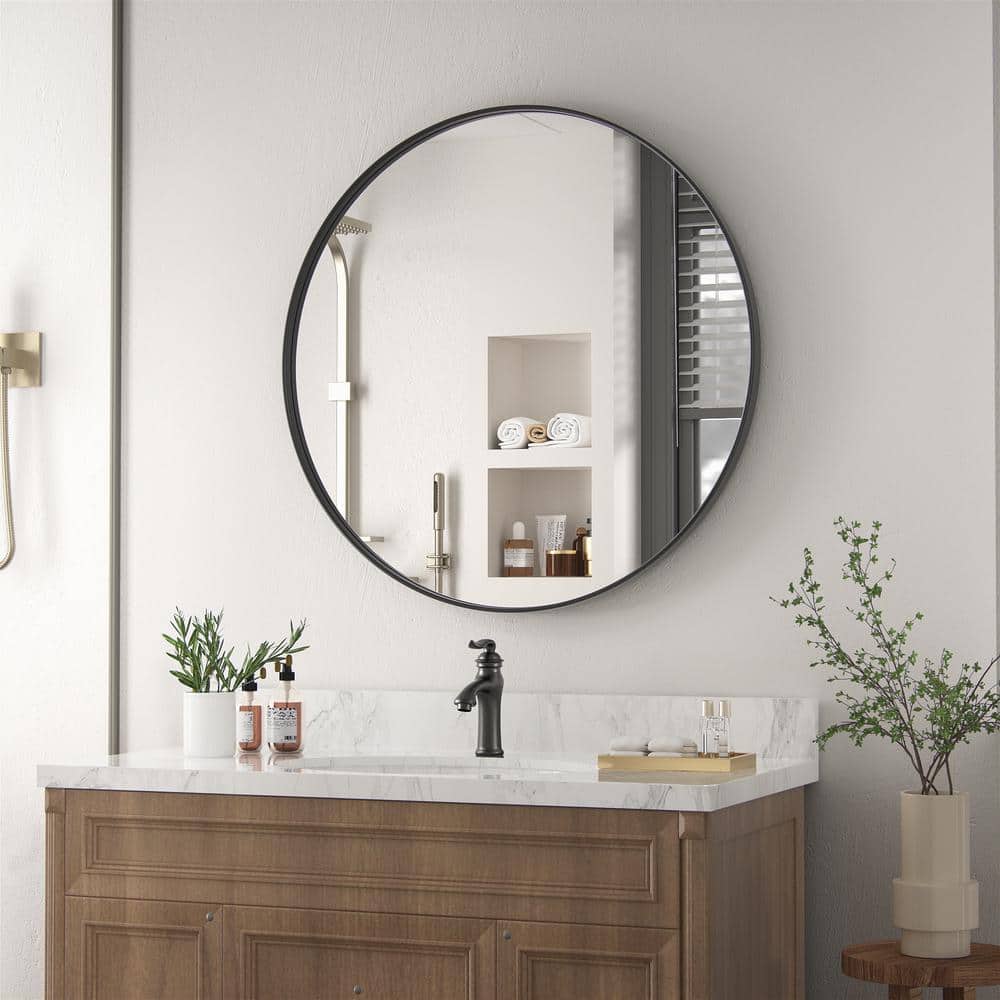 PRIMEPLUS 24 in. W x 24 in. H Medium Round Mirror Metal Framed Mounted ...
