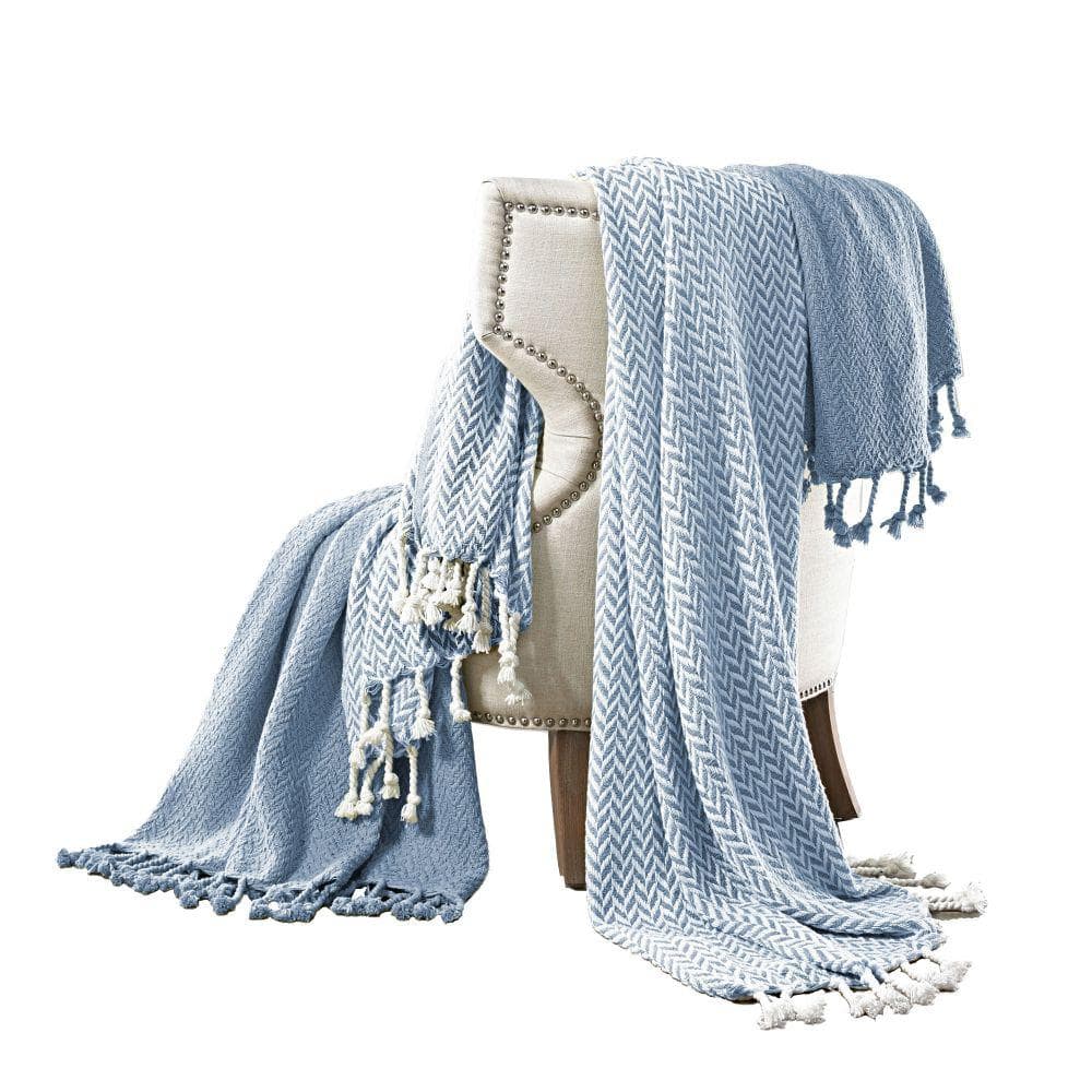 THE URBAN PORT Montgeron Herringbone Blue and White Cotton Throw (Set ...