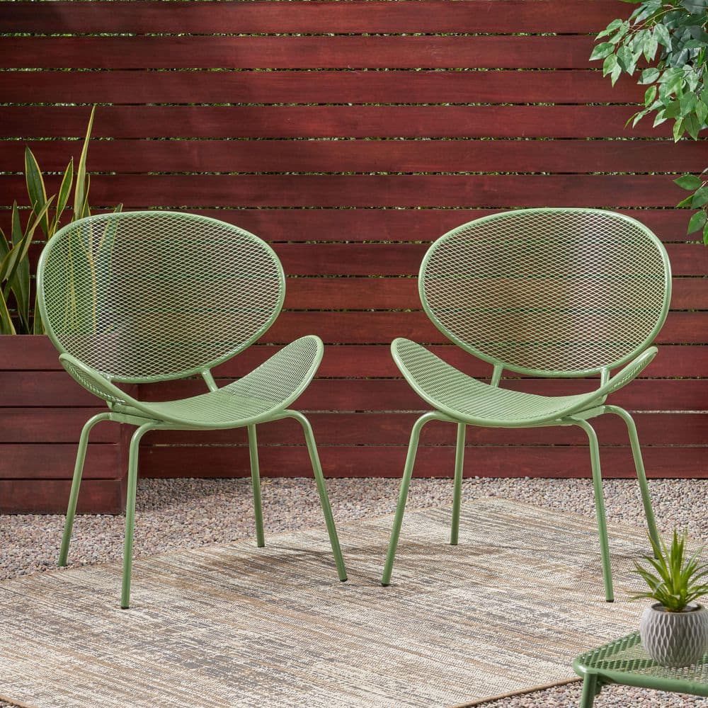 Set of 2 Green Metal Mesh Outdoor Dining Chairs with Curved Ergonomic ...
