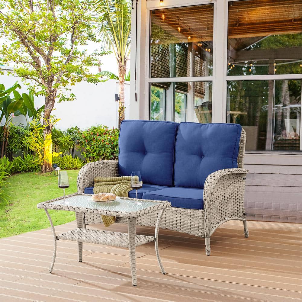 Pocassy 2-Piece Gray Wicker Outdoor Loveseat Set Patio Rattan Loveseat ...