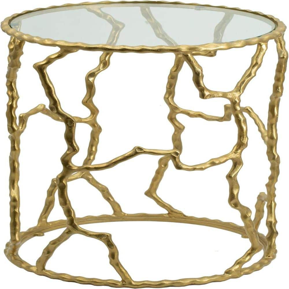 HOME IMPORTS EMPORIUM 17 in. Gold Round Glass End Table, Sturdy Build ...