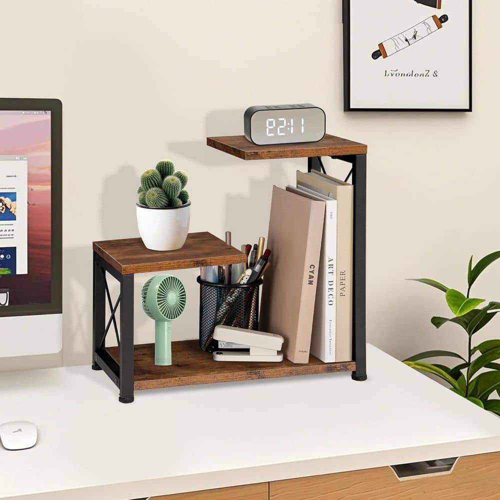 Brown 13 in. x 13.2 in. Wood Desk Organizer Shelf with Metal Frame ...