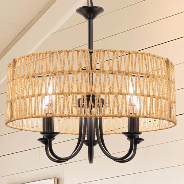 YANSUN 5-Light Modern Farmhouse Brown Round Rattan Pendant Rattan Drum ...
