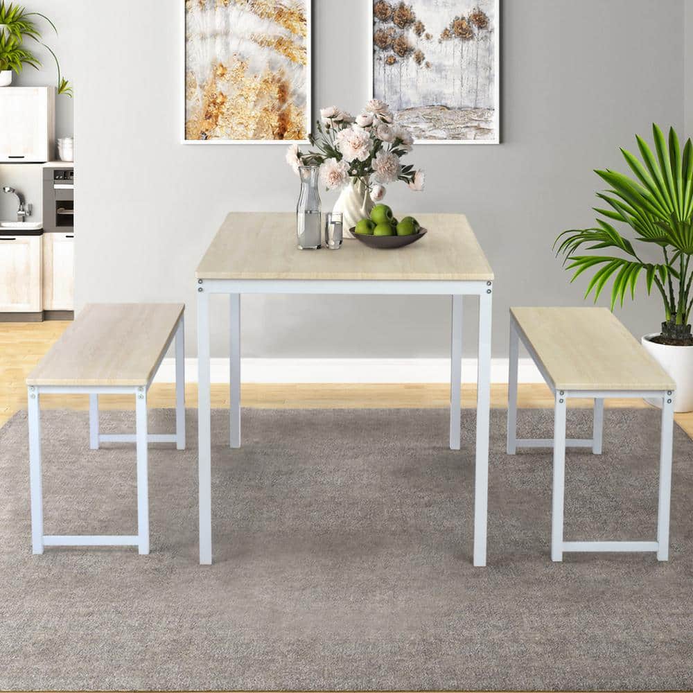 Harper & Bright Designs 3-Piece Beige Dining Table Set with 2-Benches ...