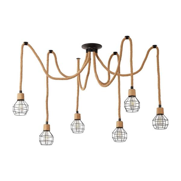 ARTURESTHOME 6-Light Jute Rope Industrial Pendant Light with Black ...