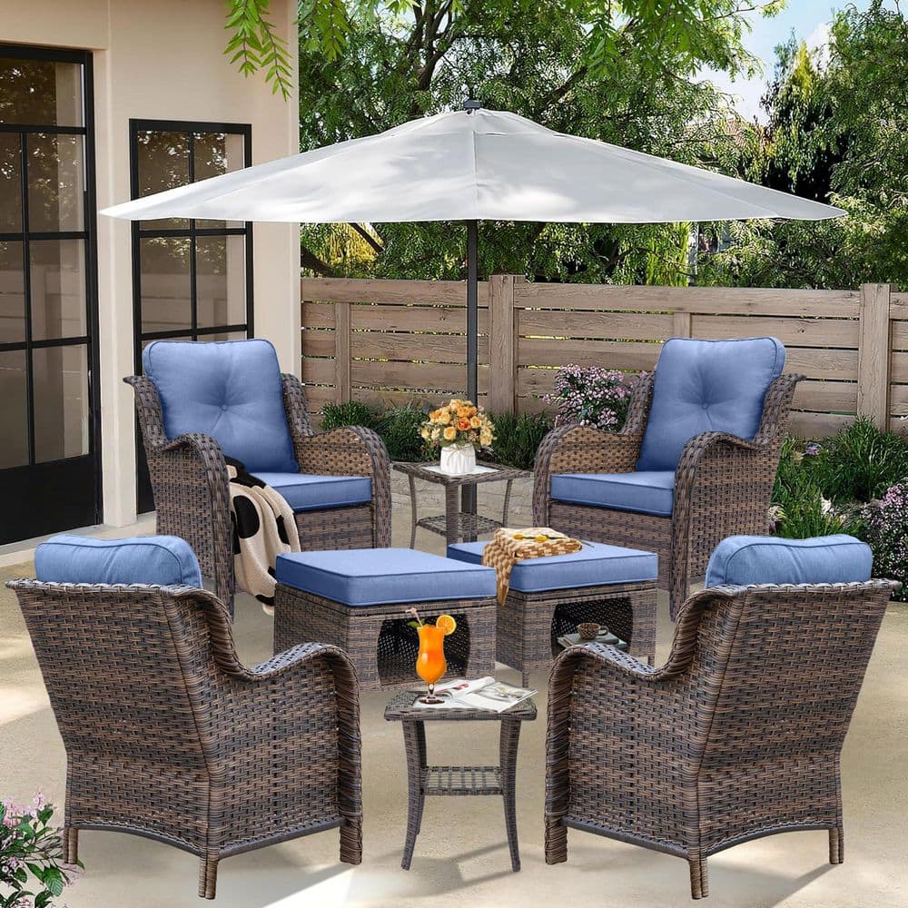 DWIOM Brown 8-Piece Wicker Patio Furniture Set Outdoor Lounge Chairs Ottomans and Side Table ...