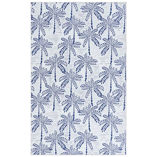 SAFAVIEH Malibu Ivory/Navy 9 ft. x 12 ft. Machine Washable Palm Trees ...