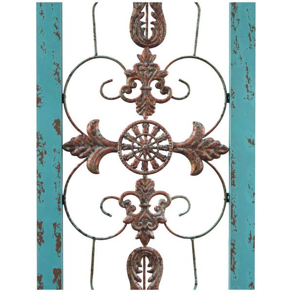 Litton Lane 14 in. x 47 in. Wood Teal Arabesque Scroll Wall Decor with Metal Fleur De Lis Relief 55256