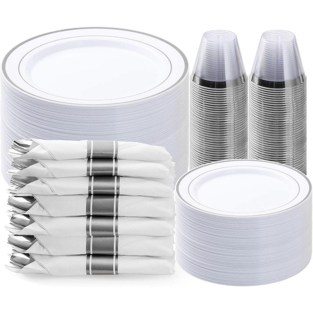 Adrinfly Silver Plastic Dinnerware Set for 50-Guests, Includes Plates ...