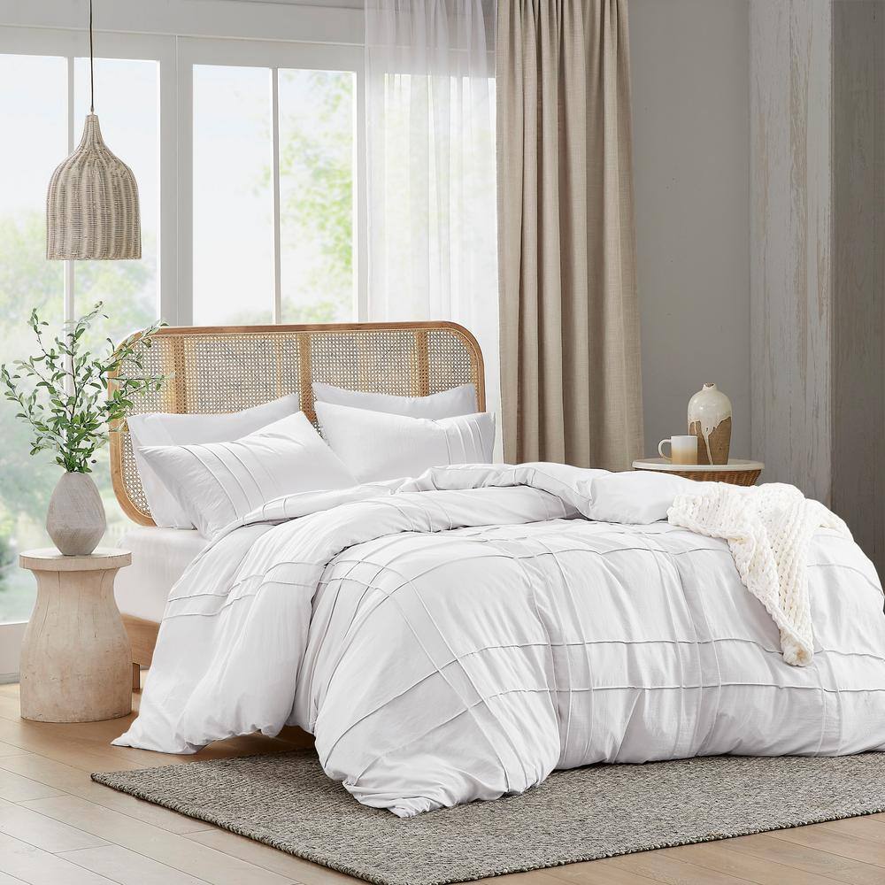 510 Design Porter 3-Piece White Queen Soft Microfiber Washed Pleated ...