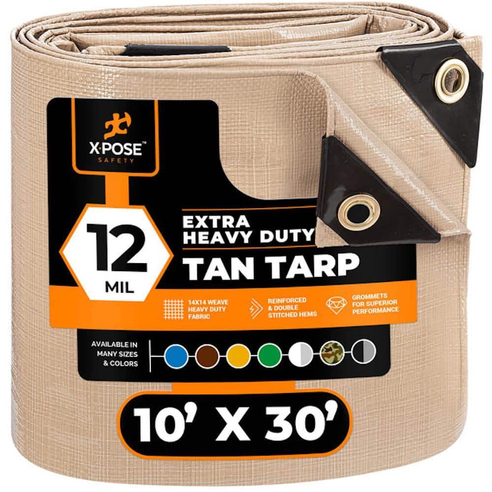 XPOSE SAFETY Heavy-Duty Tan Poly Tarp 10 ft. x 30 ft. Multi-Purpose ...