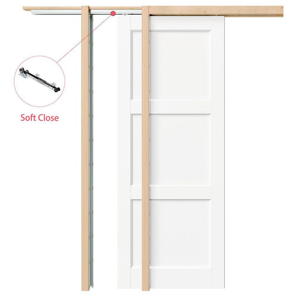 TENONER 56 in. x 80 in. White Primed Solid Wood 3-Panel Core Pocket ...