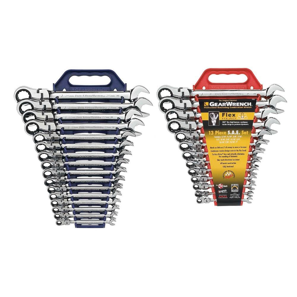 GEARWRENCH 12-Point Metric/SAE Flex-Head Ratcheting Combination Wrench Set (29-Piece) 97929DC ...