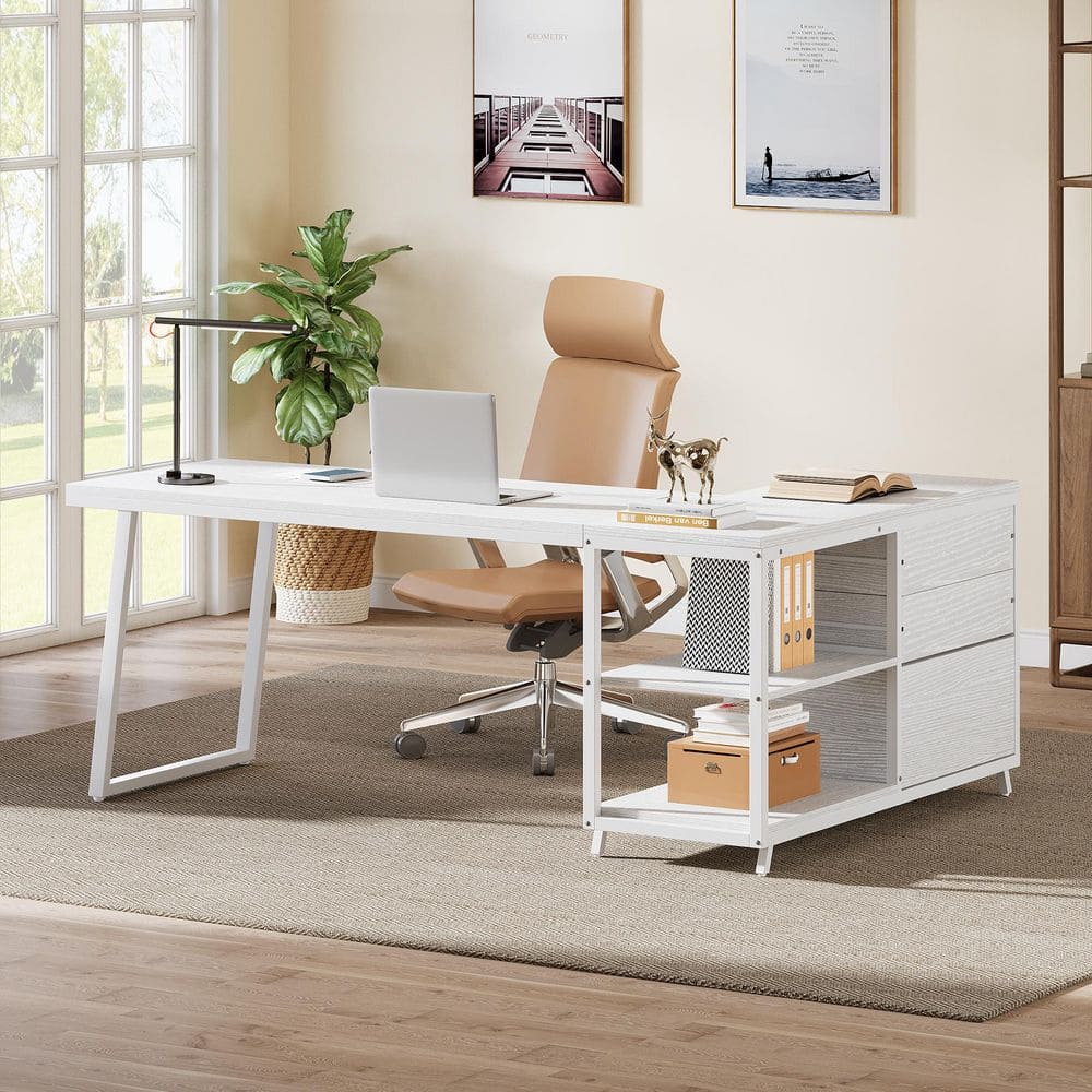 BYBLIGHT Lanita 53.1 in. Reversible L Shaped Desk White Engineered Wood ...