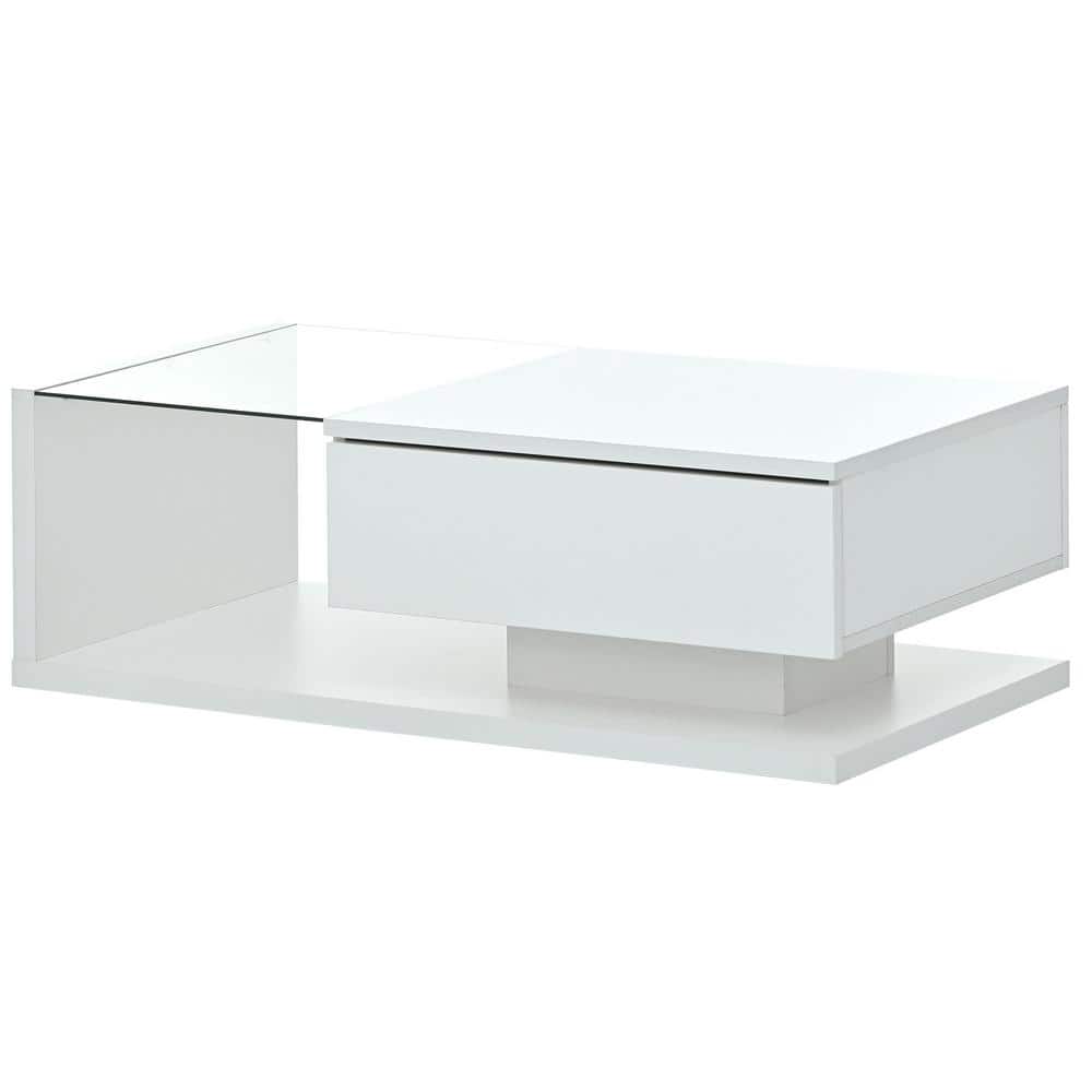 Zeus & Ruta White Modernist 2-Tier Rectangle Coffee Table with Tempered Glass, High-gloss UV ...