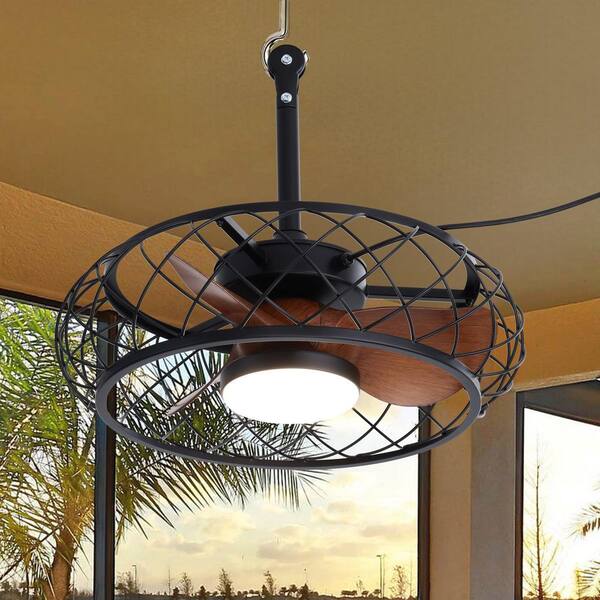 FANNEHONNE 18 in. Black Farmhouse Ceiling Fan with Light Cage Enclosed ...