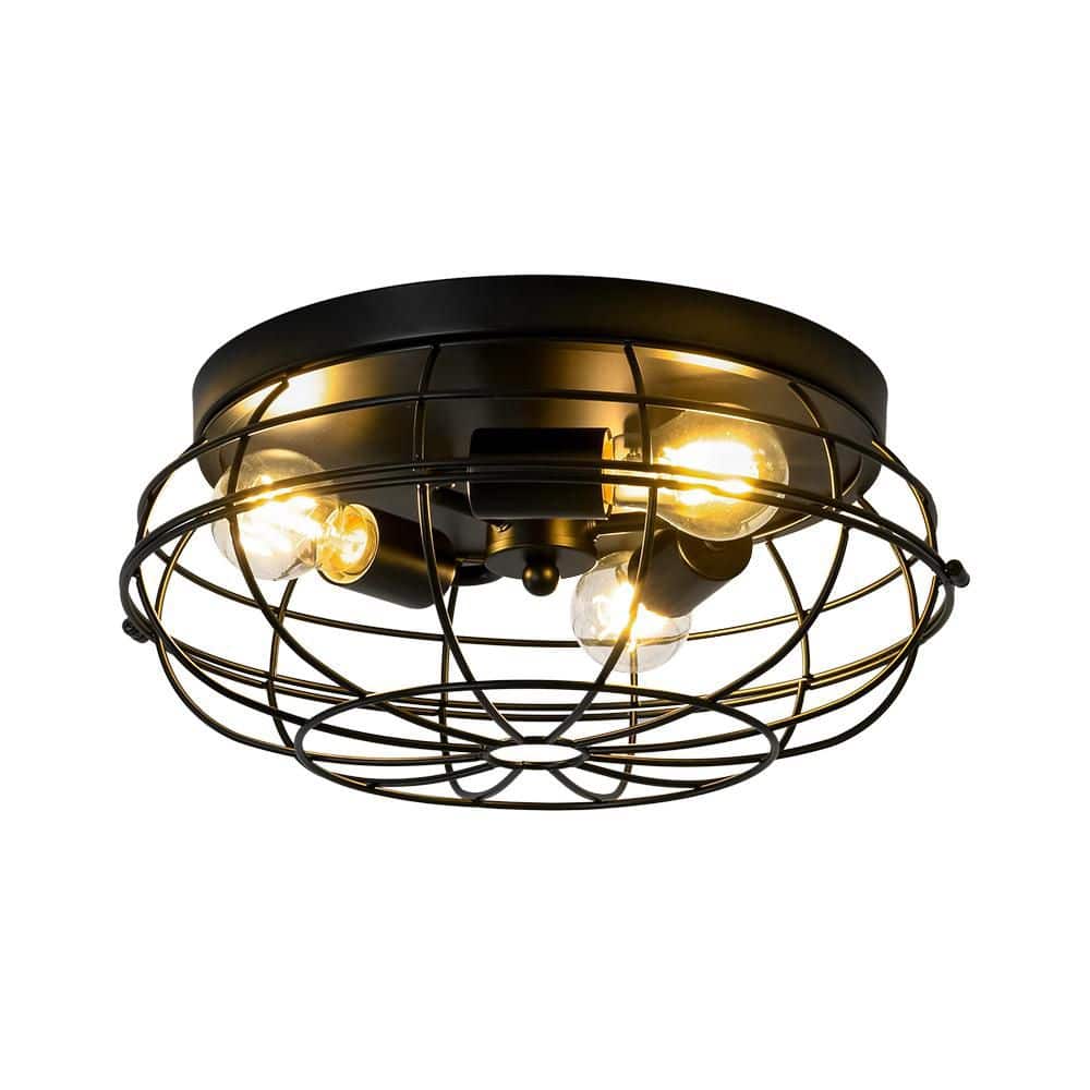 HUOKU Lumin 3-Light 15 in.W Matte Black Flush Mount Industrial Cage Round Ceiling Light for ...
