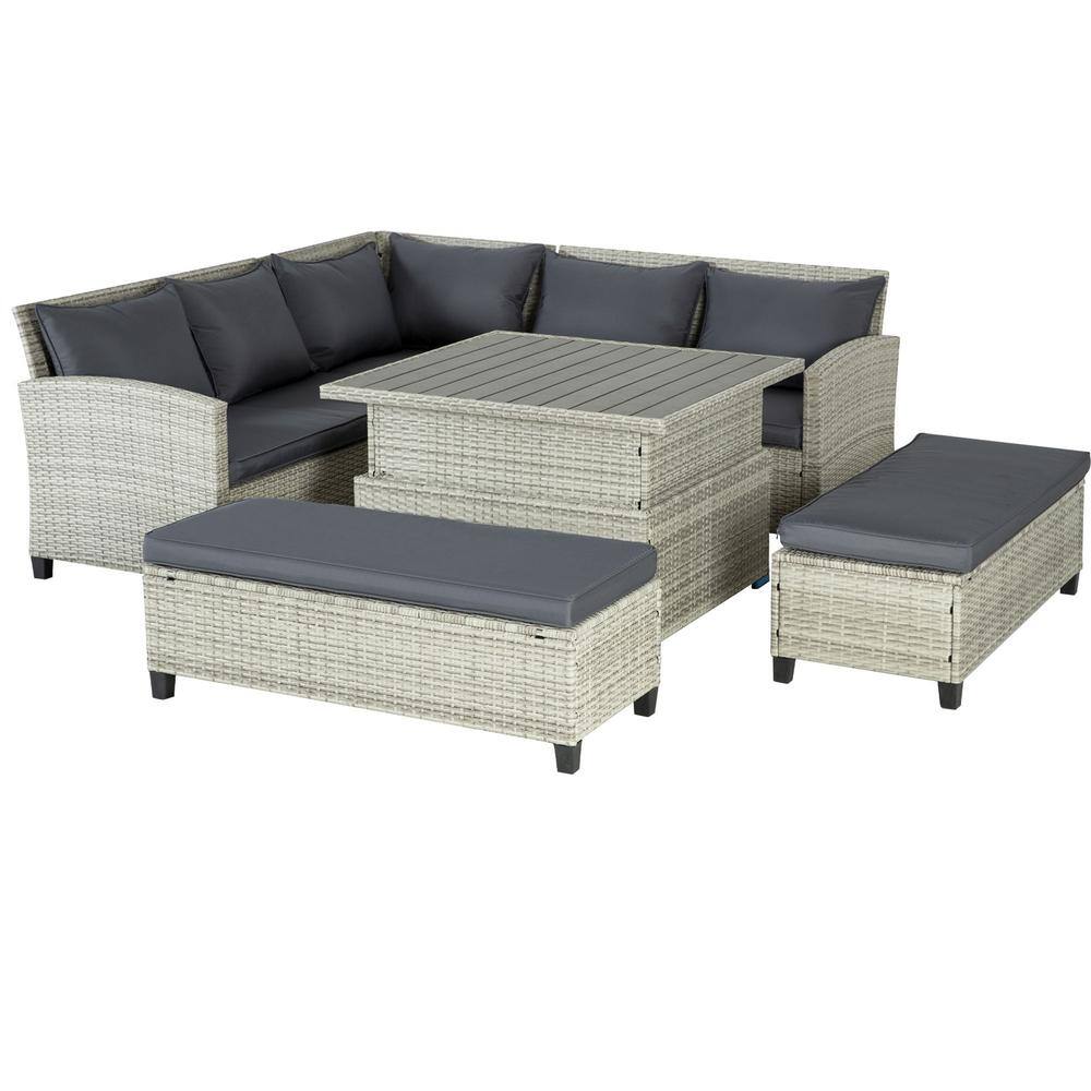 Gray 6-Piece PE Rattan Wicker Patio Furniture Outdoor Rattan Sectional ...