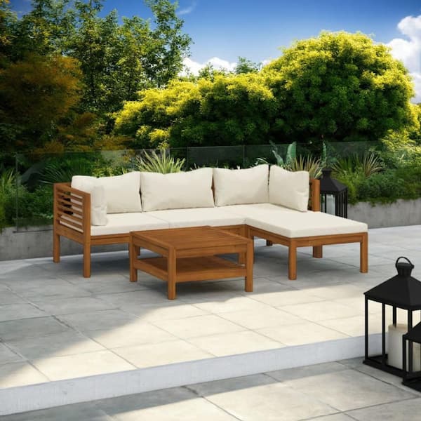 Benjara Brown Wood Frame Outdoor Chaise Lounge with White Cushion ...