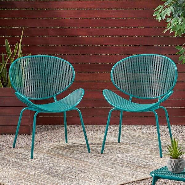 Set of 2 Teal Metal Mesh Outdoor Dining Chairs with Curved Ergonomic ...