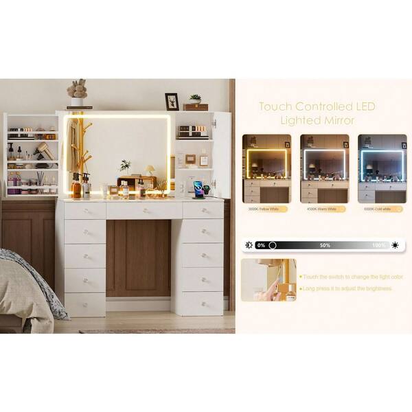PAKASEPT White Vanity Desk With Power Outlet, Makeup Vanity Table With ...