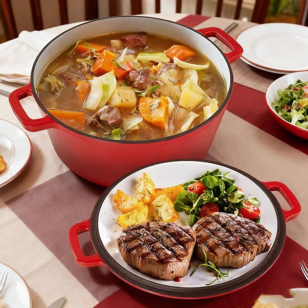 RKZHOPT 6 qt. Round Non Stick Cast Iron Dutch Oven in Red with 2 qt ...