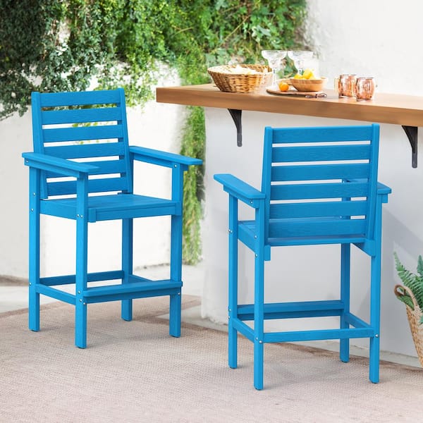 Hotormer Bright Blue Plastic HDPE Outdoor Bar Stool with Arms (2-Pack ...