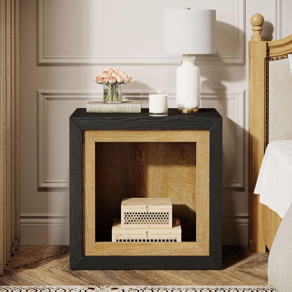 BYBLIGHT Fenley Black and Brown Wood Rectangle Nightstand Bedside Table ...