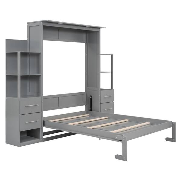 Harper And Bright Designs Gray Wood Frame Full Size Murphy Bed Wall Bed